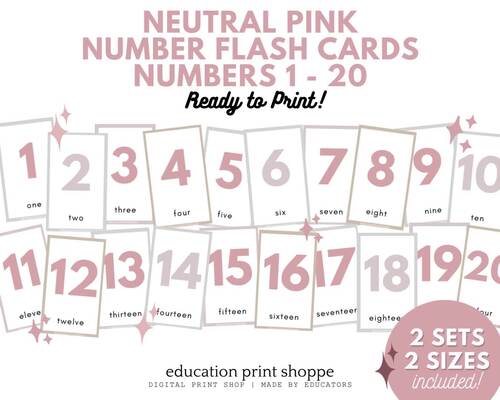 Neutral Pink Number Flashcards 1-20 | Preschool Kindergarten | TPT