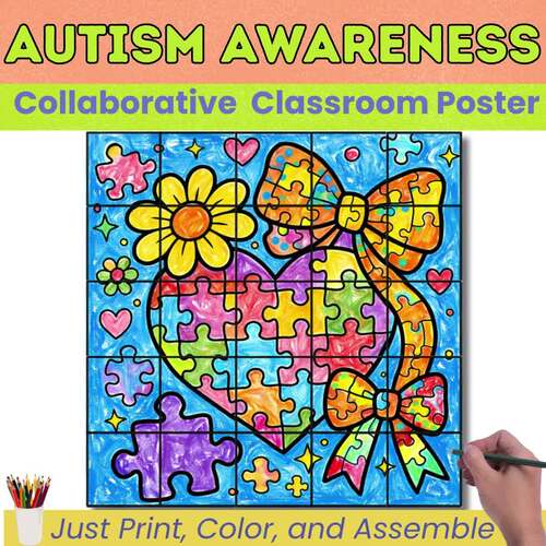 Autism Awareness Month Collaborative Poster | Puzzle Heart Art Activity