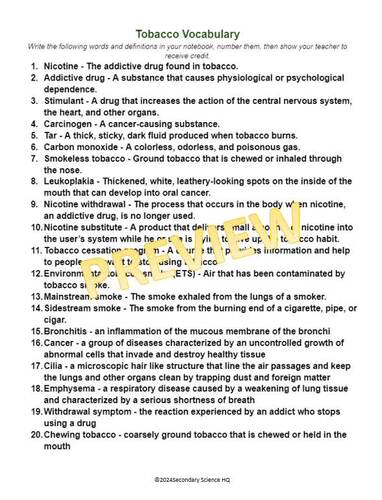 Tobacco Vocabulary Wordsearch Puzzle | Early Finishers | Health | TPT