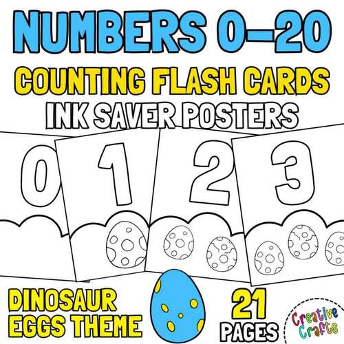 Black & White Flash cards Counting Numbers 0 to 20: Ink Saver Dinosaur ...