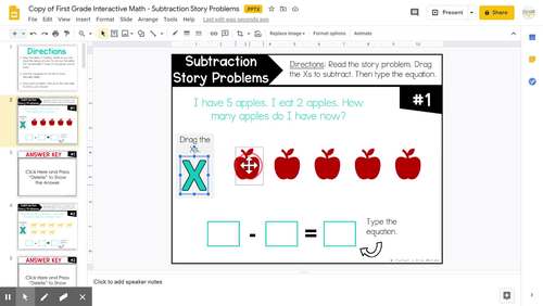 Subtraction Word Problems First Grade Math Activity for Google Slides