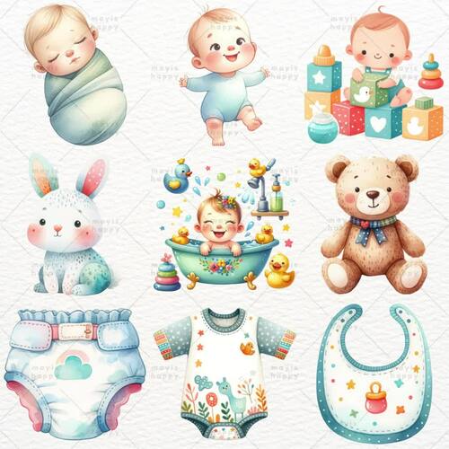 New Born Baby Elements Watercolor Clipart PNG by Adorable Clipart