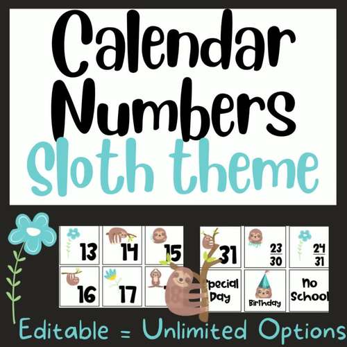 Sloth Calendar Numbers for Classroom Calendars Editable | TPT