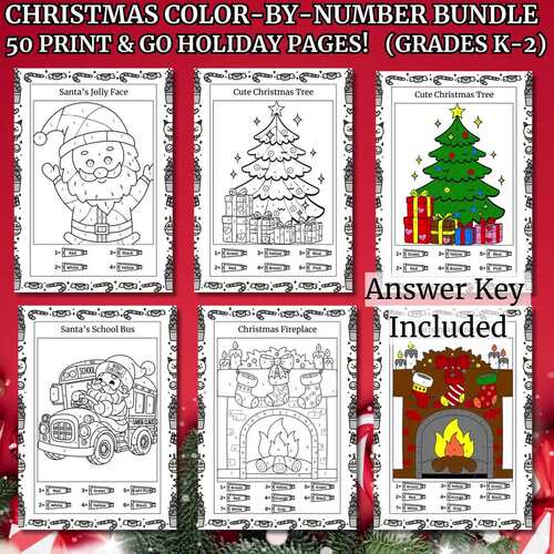 Christmas Color-by-Number Worksheets (50 Pages) | K–2 Math & Fine Motor ...