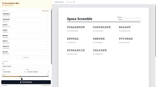 Word Scramble Wizard | Worksheet Generator | Differentiation & Hints