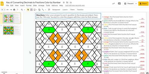 Converting Decimals to Fractions Color by Number by Cognitive Cardio Math
