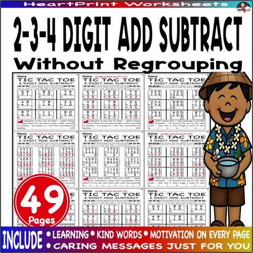 Back to school, 2 3 4 digit add & sub without regrouping tic tac toe ...