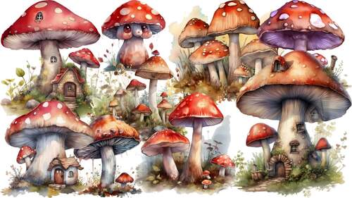 Watercolor Fantasy Mushrooms Clipart Set of 20 Files by ...