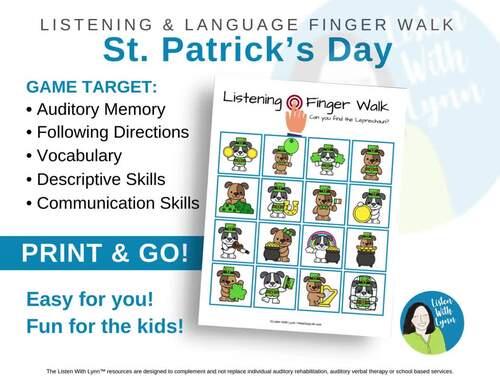 ST.PATRICK'S DAY Auditory Memory Listening Finger Walks DHH Hearing Loss