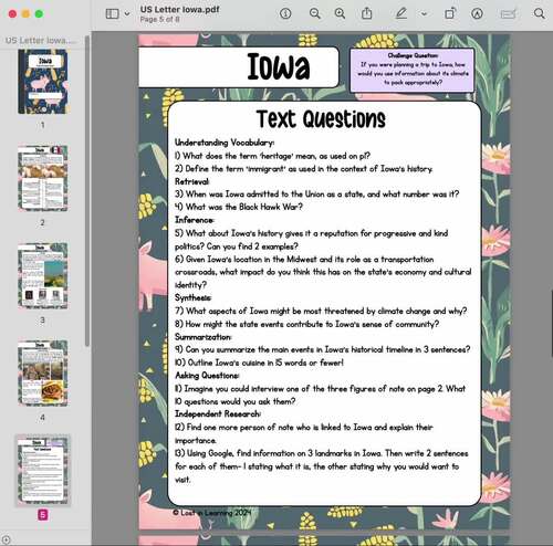Iowa || US States || Information Text Close Reading Comprehension