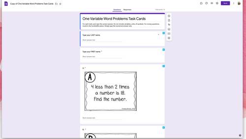 One Variable Word Problems Digital Task Cards Tpt 5562