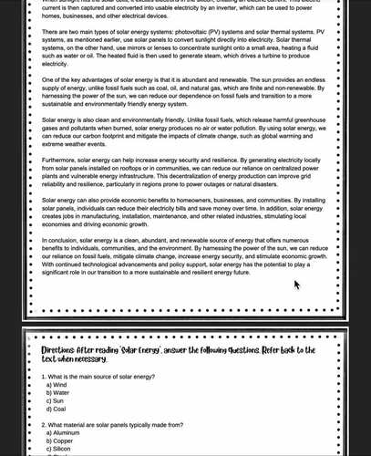 Solar Energy Reading Comprehension Worksheet with Writing Task | TPT