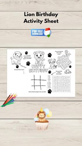 Lions Birthday Activity Sheet, Printable Placemat, Coloring Page, Games ...