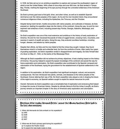 Hernando De Soto Reading Passage Worksheet | Comprehension & Writing Task