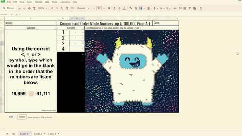 Google Sheets Place Value Pixel Art Compare and Order Whole Numbers ...