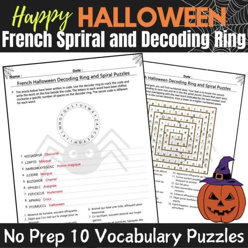 French Halloween Spiral and Decoding Ring 10 Puzzles Activités de Halloween