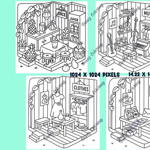 Cozy Cute Shops Coloring Pages for Kids and Adults Kawaii Style Storefronts