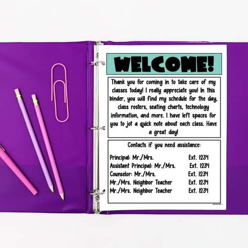 EDITABLE Substitute Binder for Secondary Middle & High School Teachers