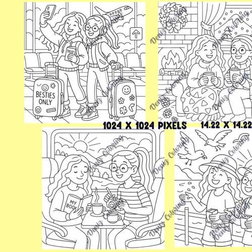 Cozy Travel Besties Coloring Pages for Kids and Adults, Cute Girl Best ...