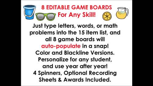 EDITABLE Game Boards Auto-Fill from ANY SIGHT WORD LIST Summer School Set 1