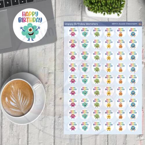 Happy Birthday Monster | Digital Teacher Stickers, 2.5cm Round Stickers ...