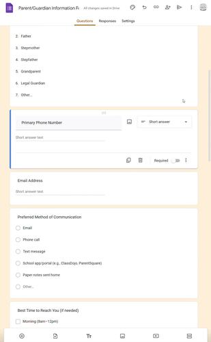 Parent / Guardian Information Form for Elementary, Middle, and High School