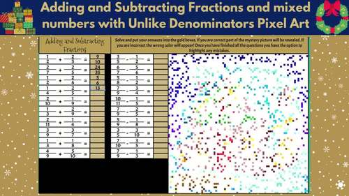 Adding and Subtracting Fractions and Mixed Numbers Christmas Math Pixel Art