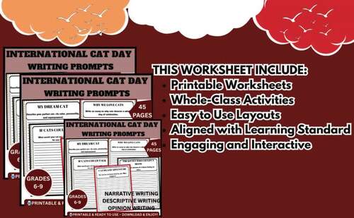 International Cat Day Writing Prompts Activities,4th 5th 6th 7th 8th Grade