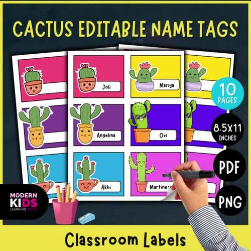 Editable Cactus Theme Name Tags, Labels for Back to Shcool Classroom Decor