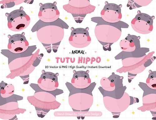 Ballet Hippo Clipart Set – Cute Tutu Animal PNG & Vector l Hand Drawn ...