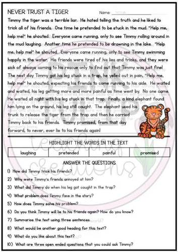 Ten Page Reading Comprehension Worksheet Pack by Pink Tulip Teaching ...