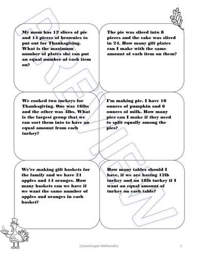 Thanksgiving GCF and LCM Word Problems Editable by Grasshopper Mathematics