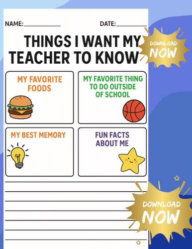 Things I Want My Teacher to Know Worksheet All About Me Printable for Kids