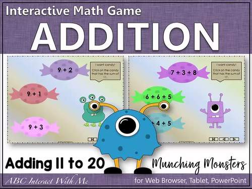 Addition 11 to 20 First Grade Interactive Math Game {Munching Monsters}