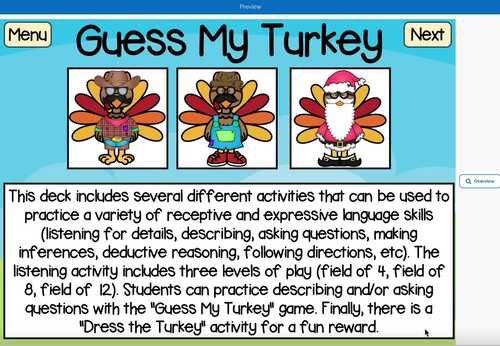 Speech Therapy Thanksgiving Game Guess my Turkey Boom Cards™ Language ...