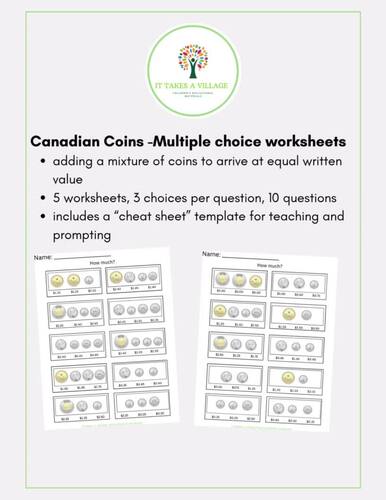 Money worksheets-identify amount of coins to written value-Canadian coins