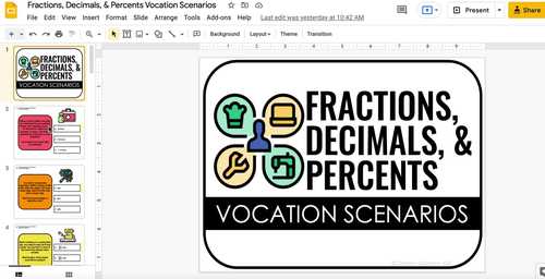 Fraction Decimal & Percent Vocation Scenario Task Cards | Digital Included