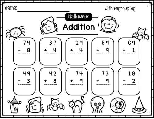 Halloween 2 Digit by 1 Digit Addition & Subtraction Worksheets Regrouping