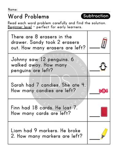 Easy Subtraction Word Problems Worksheets | 100 Problems | Pre-K to 1st ...