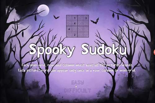 Halloween 4x4 Spooky Sudoku ESL Vocabulary Powerpoint Puzzle Game Activity