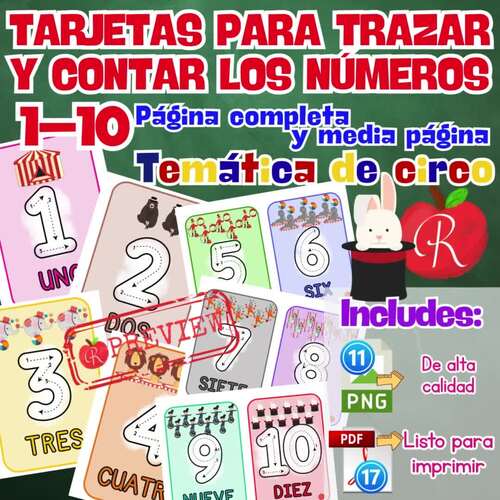 Tarjetas | Números 1 al 10 | Trazo-Escritura | Temática Circo ...