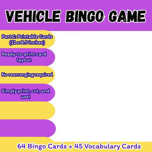 Vehicle Bingo for Kids | Transportation Vocabulary | ESL Printable Activity