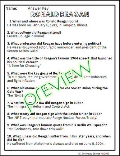Ronald Reagan US President Study Guide Worksheet Coloring and Questions