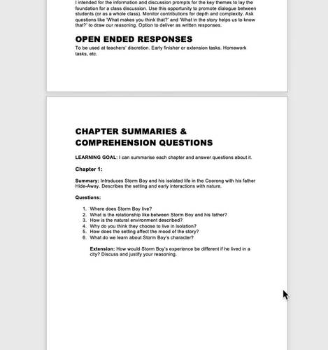 Storm Boy Novel Study - 20 Pg Editable: Questioning, Vocab, Grammar ...