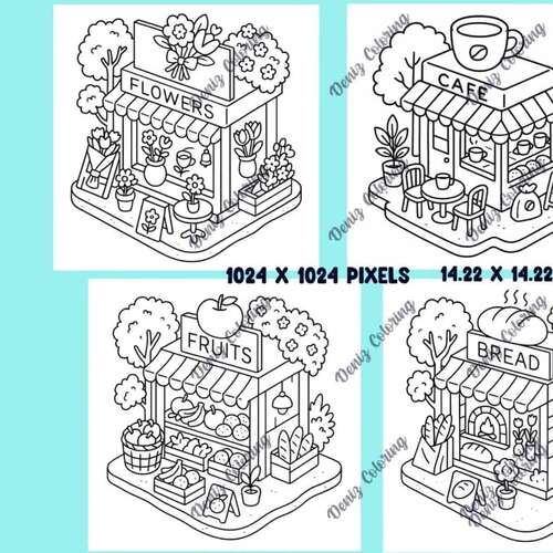 Little Corner Shops Coloring Pages for Kids and Adults, Cozy Cute ...