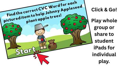 Kindergarten & 1st Grade Johnny Appleseed Digital CVC Words Game | Decoding