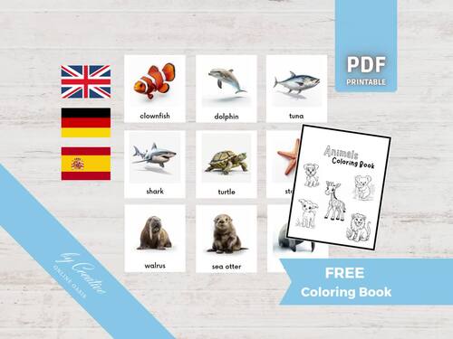 OCEAN ANIMALS • 32 Montessori Cards • German English Spanish Sea Flash Card