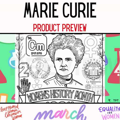 Women in STEM Science Coloring Page for Women's History Month, Marie Curie