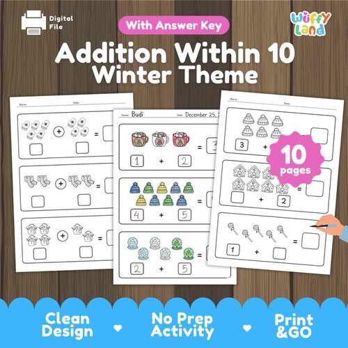 Winter Math Worksheets Addition Within 10 | Kindergarten No Prep Activity