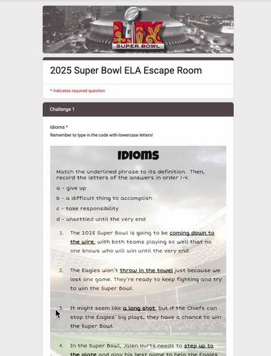 Digital ELA ESCAPE ROOM - 2025 Super Bowl by Mrs. Armour's Escape Rooms